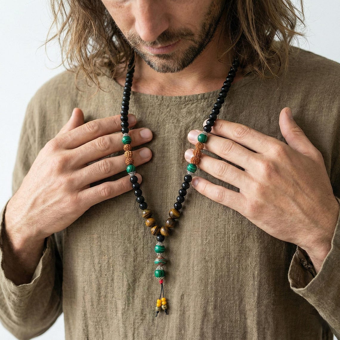 Mens Spiritual Mala Necklace, Tiger Eye, Black Onyx, Rudraksha Seed ...