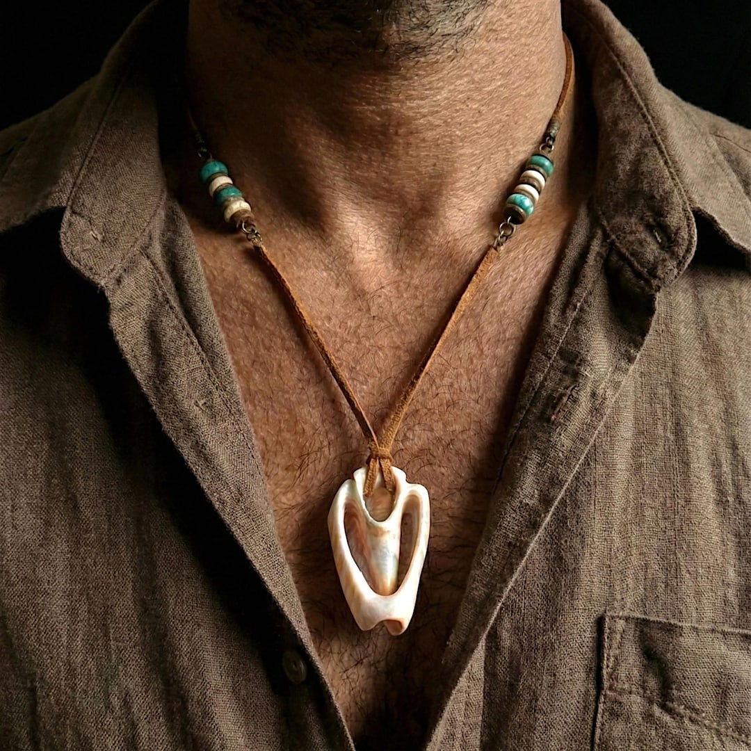 Men's Conch Shell Necklace, Tribal Leather Pendant, Surfer Choker ...