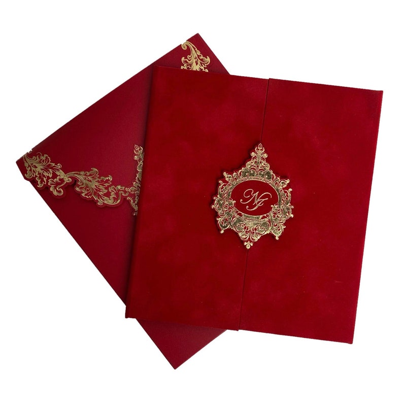 Velvet Red Wedding Invitations With Acrylic, Foil Monogram Invite ...
