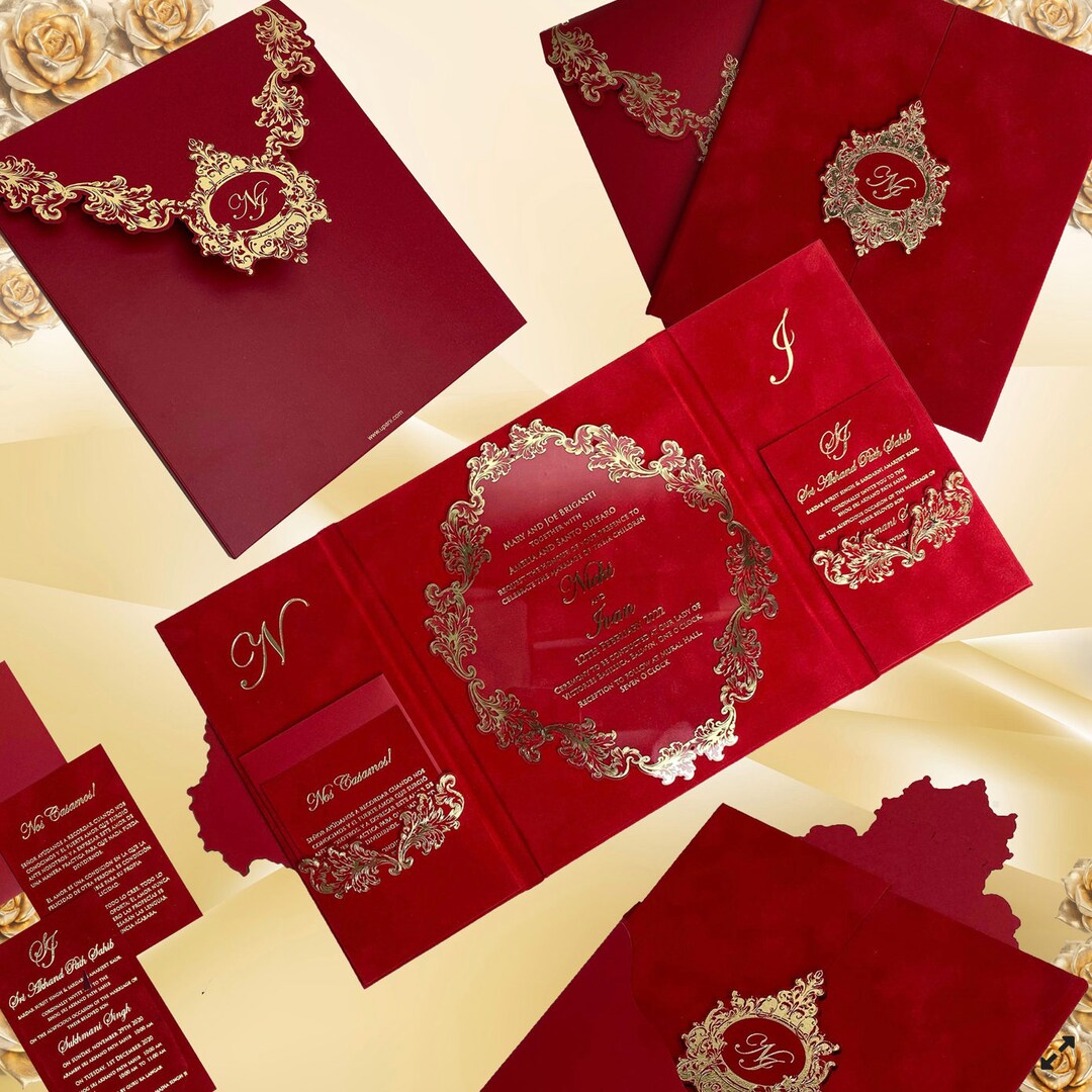 Velvet Red Wedding Invitations With Acrylic, Foil Monogram Invite ...