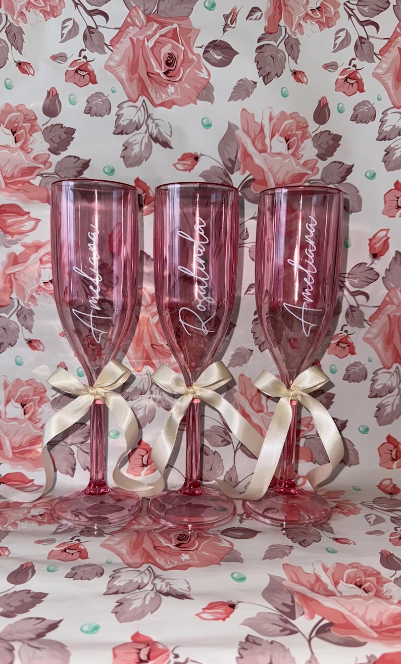 Personalize Clear Pink Champagne Flutes for Bride, Bridesmaid, Wedding ...