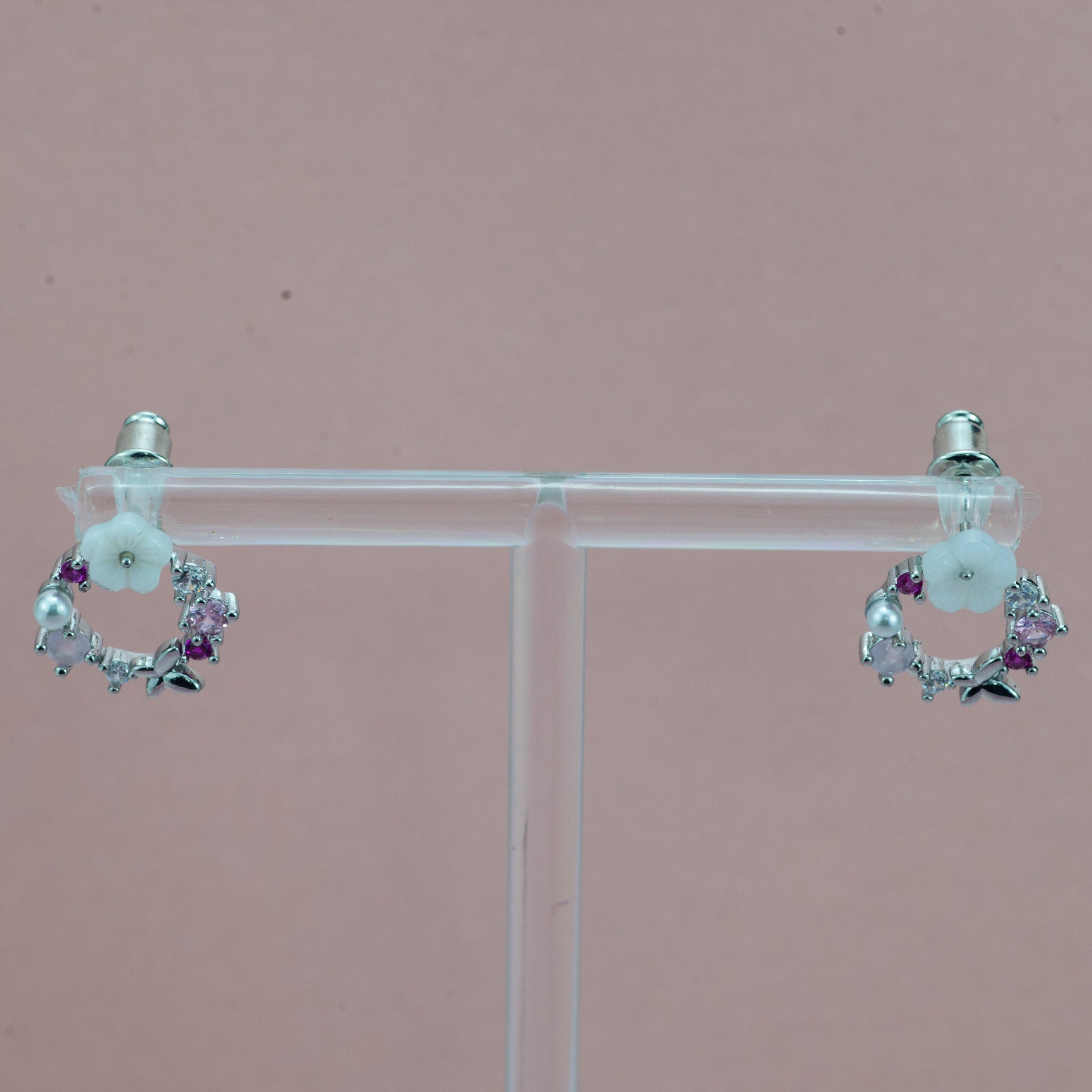 White Gold Wreath Stud Earrings, Mother of Pearl, CZ Earrings, Flower ...