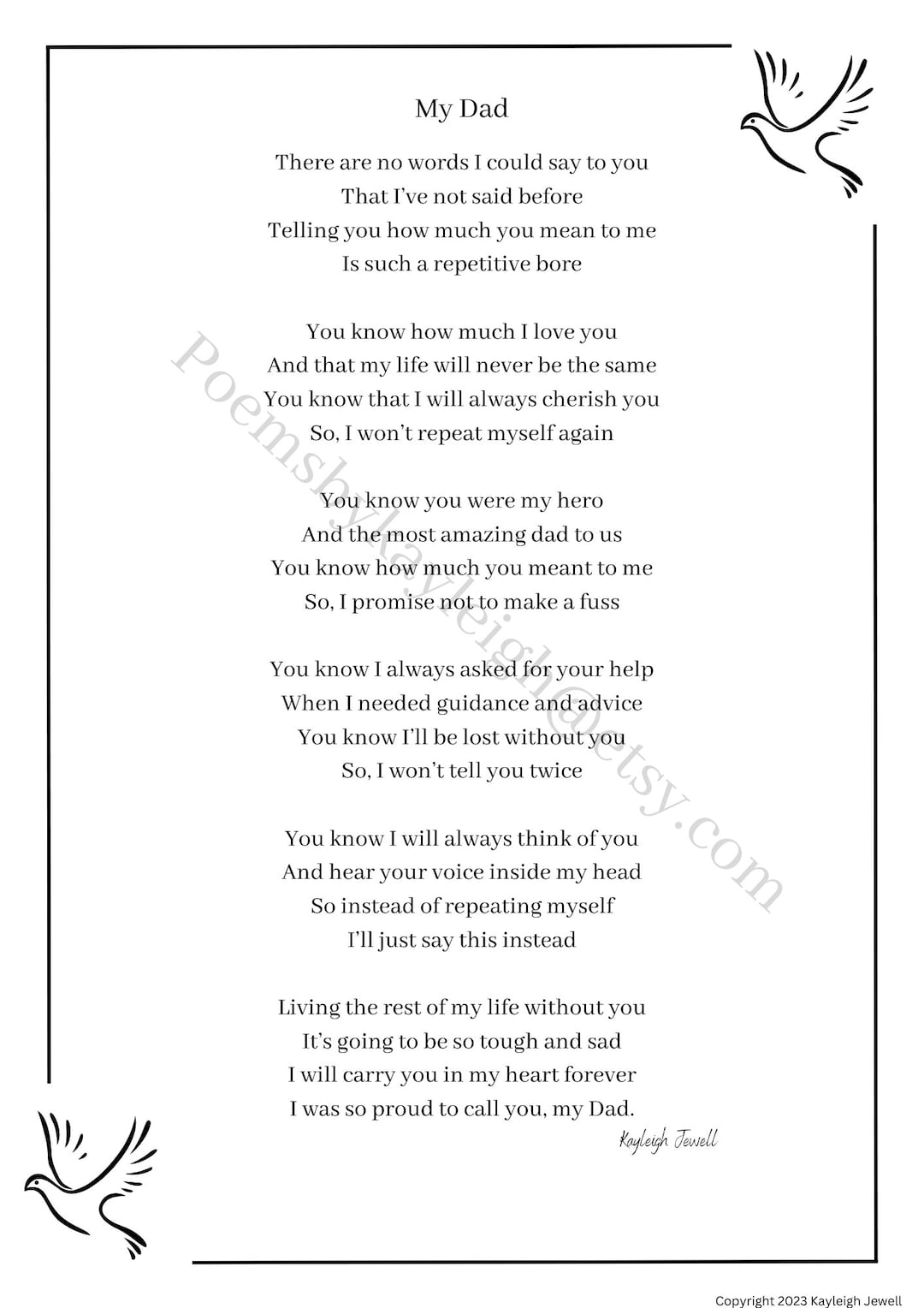 Dad Funeral Poem Dove Boarder. Memorial Sentimental. - Etsy UK