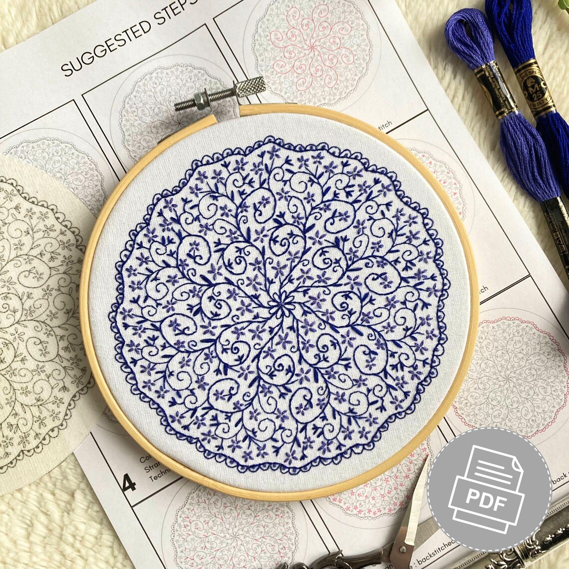 Blue Delft Mandala Embroidery Pattern: Stick and Stitch (PDF Download ...
