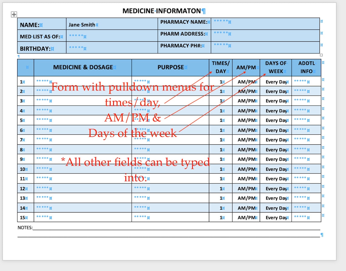 Medicine List Fill in Form for WORD or Printable - Etsy