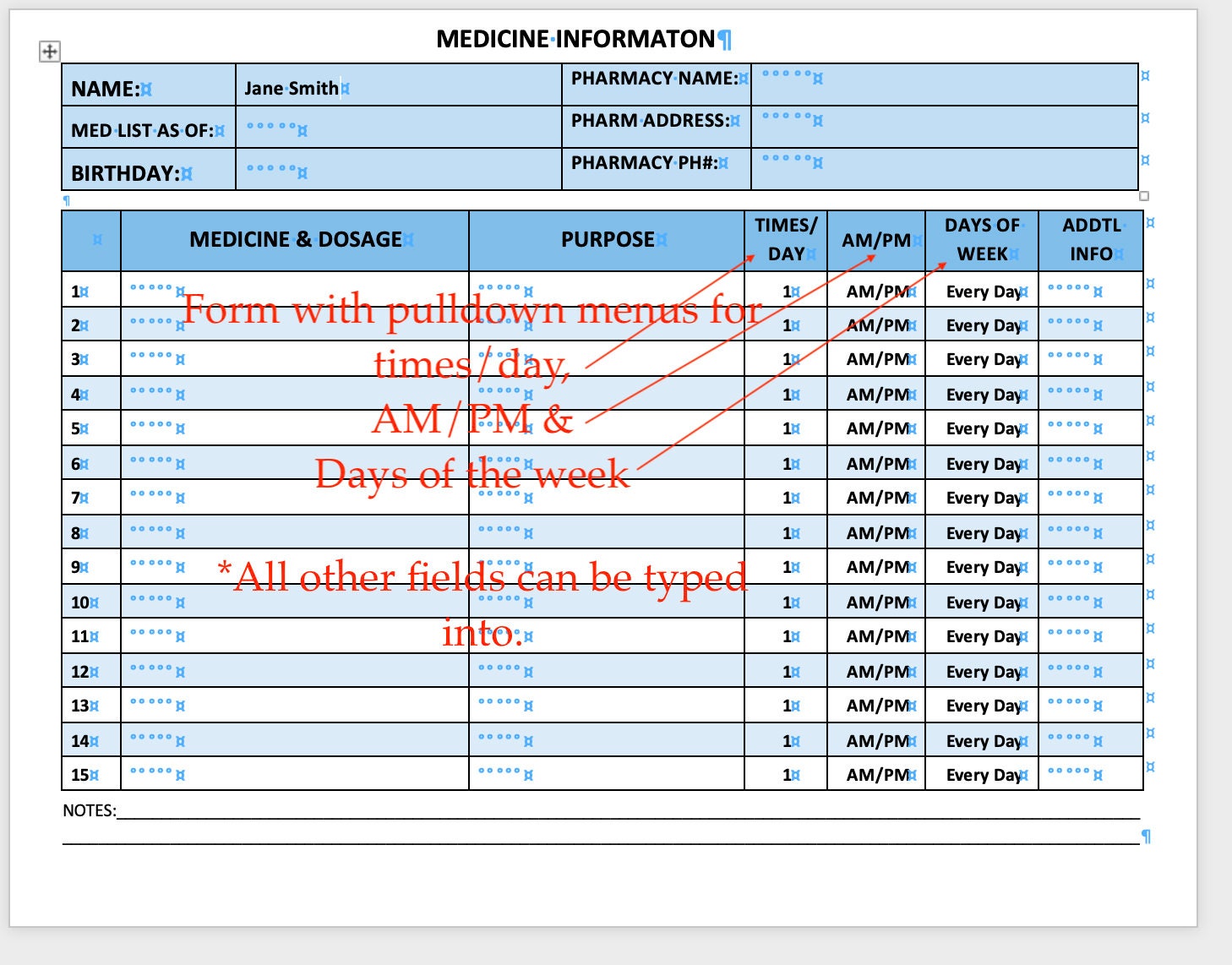 Medicine List Fill in Form for WORD or Printable - Etsy
