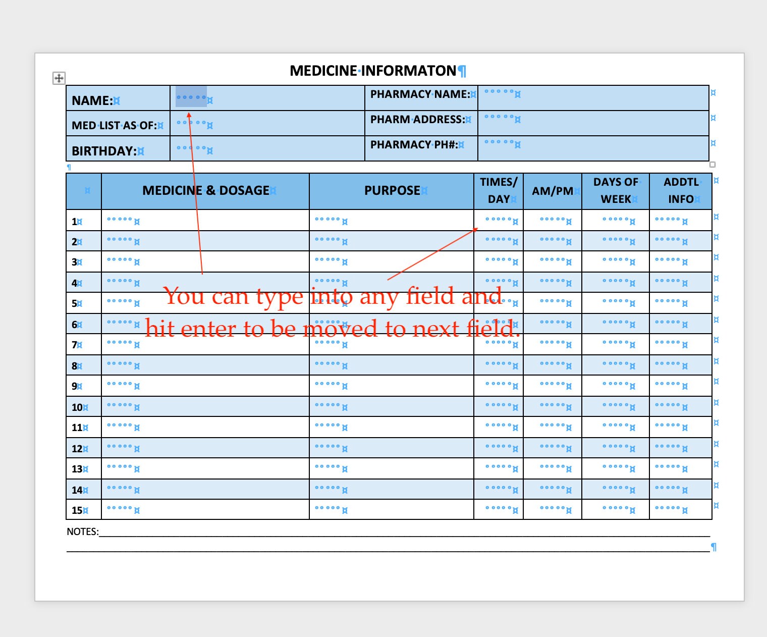Medicine List Fill in Form for WORD or Printable - Etsy