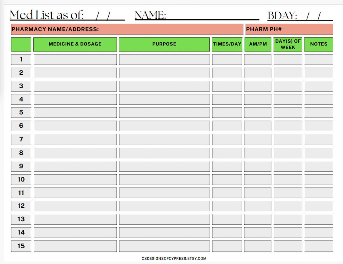 Medicine List PRINTABLE File ONLY! Aging Parent Dr Appt Assistance With ...
