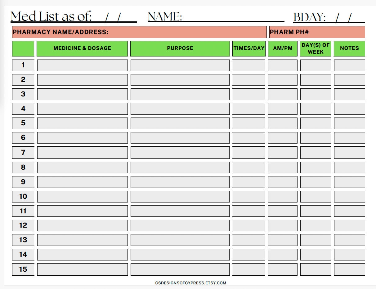 Medicine List PRINTABLE File ONLY! Aging Parent Dr Appt Assistance With ...