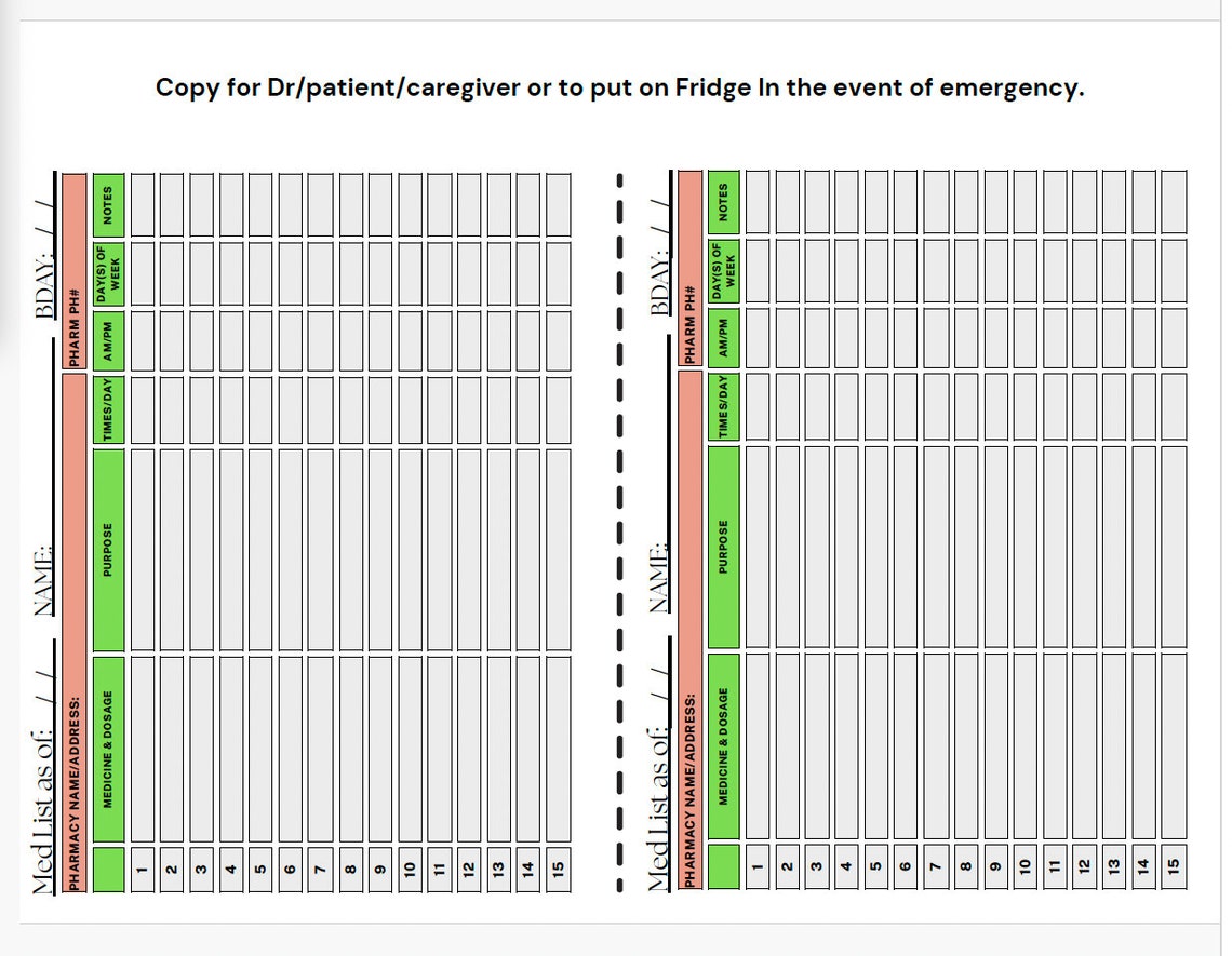 Medicine List PRINTABLE File ONLY! Aging Parent Dr Appt Assistance With ...