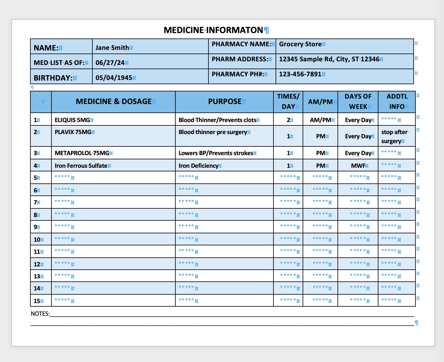Medicine List Fill in Form for WORD or Printable - Etsy