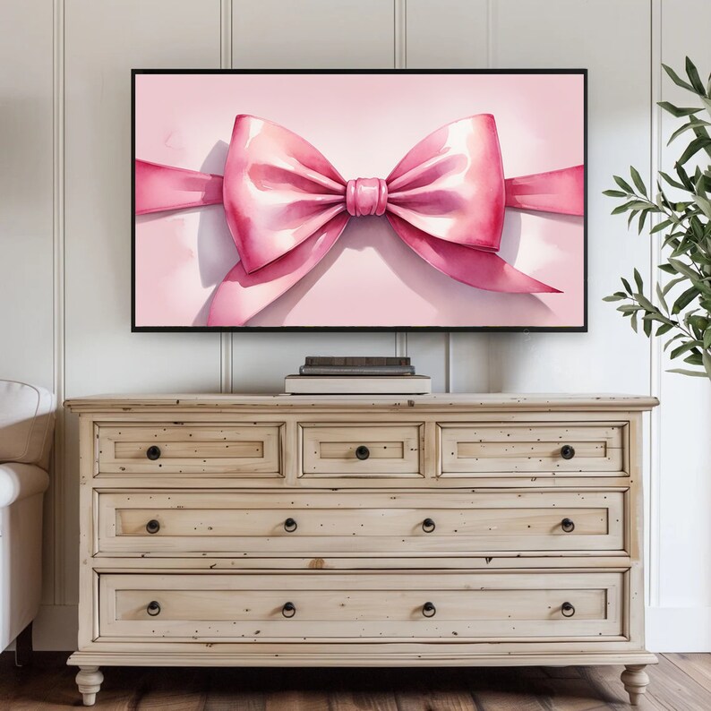 Pink Bow Frame TV Art, Pink Bow Samsung Frame TV, Stylish Watercolor ...