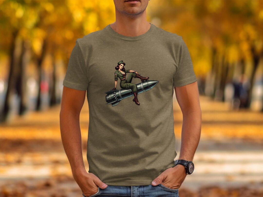 Retro Pin-up Girl on Rocket Graphic Tee, Vintage Military Style ...
