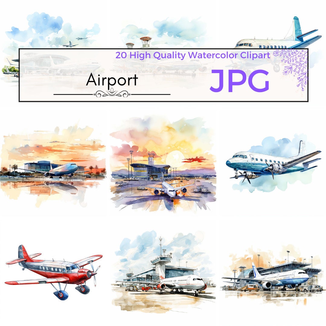 Watercolor Airport Clipart, Airplane Clipart, Plane Jpg, Vintage ...