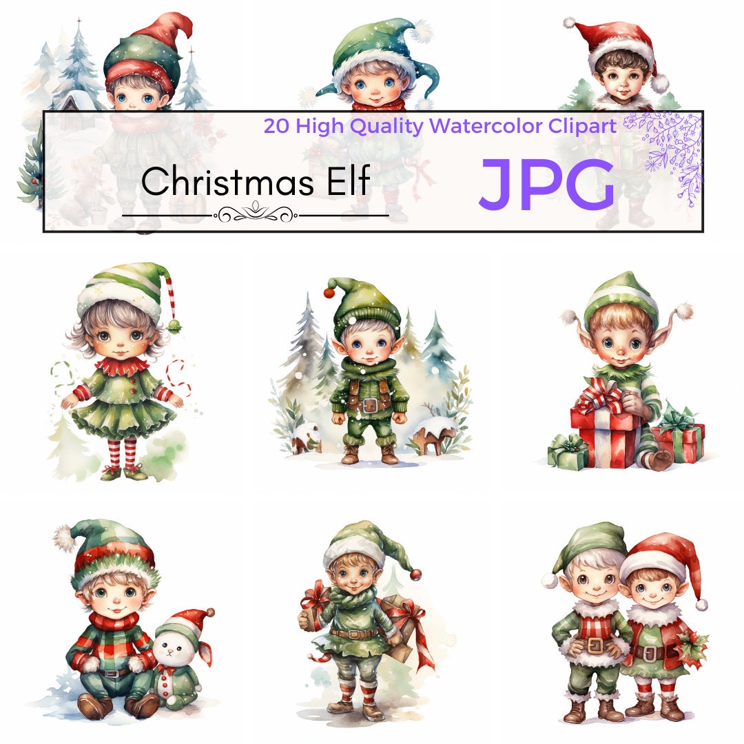 Watercolor Christmas Elf Clipart, Christmas Jpg Holiday Clipart Xmas ...
