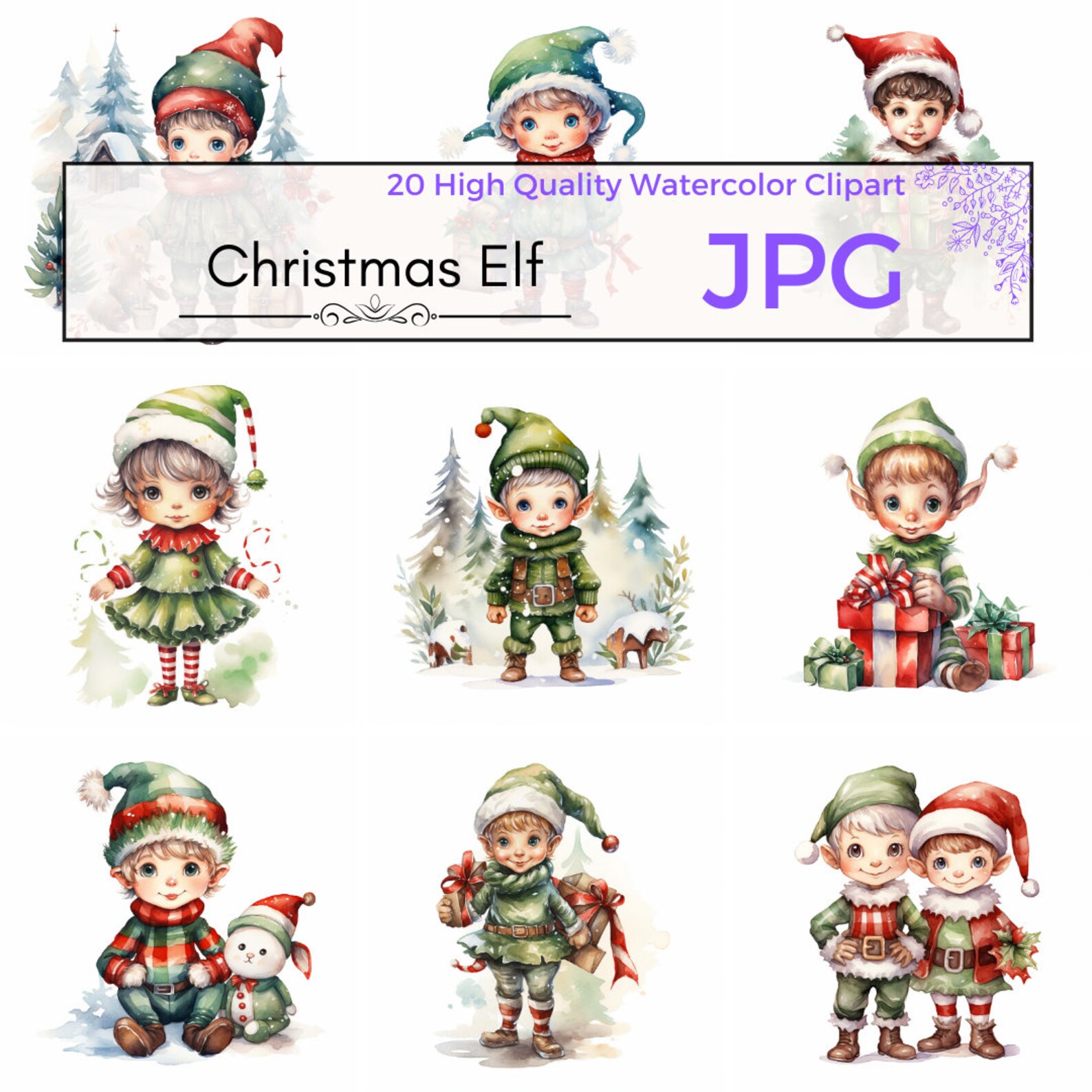 Watercolor Christmas Elf Clipart Christmas Jpg Holiday - Etsy