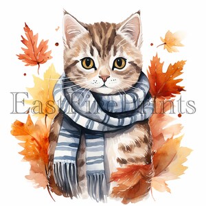 Watercolor Autumn Cat With Scarf Clipart, High Quality Png, Fall Cute ...