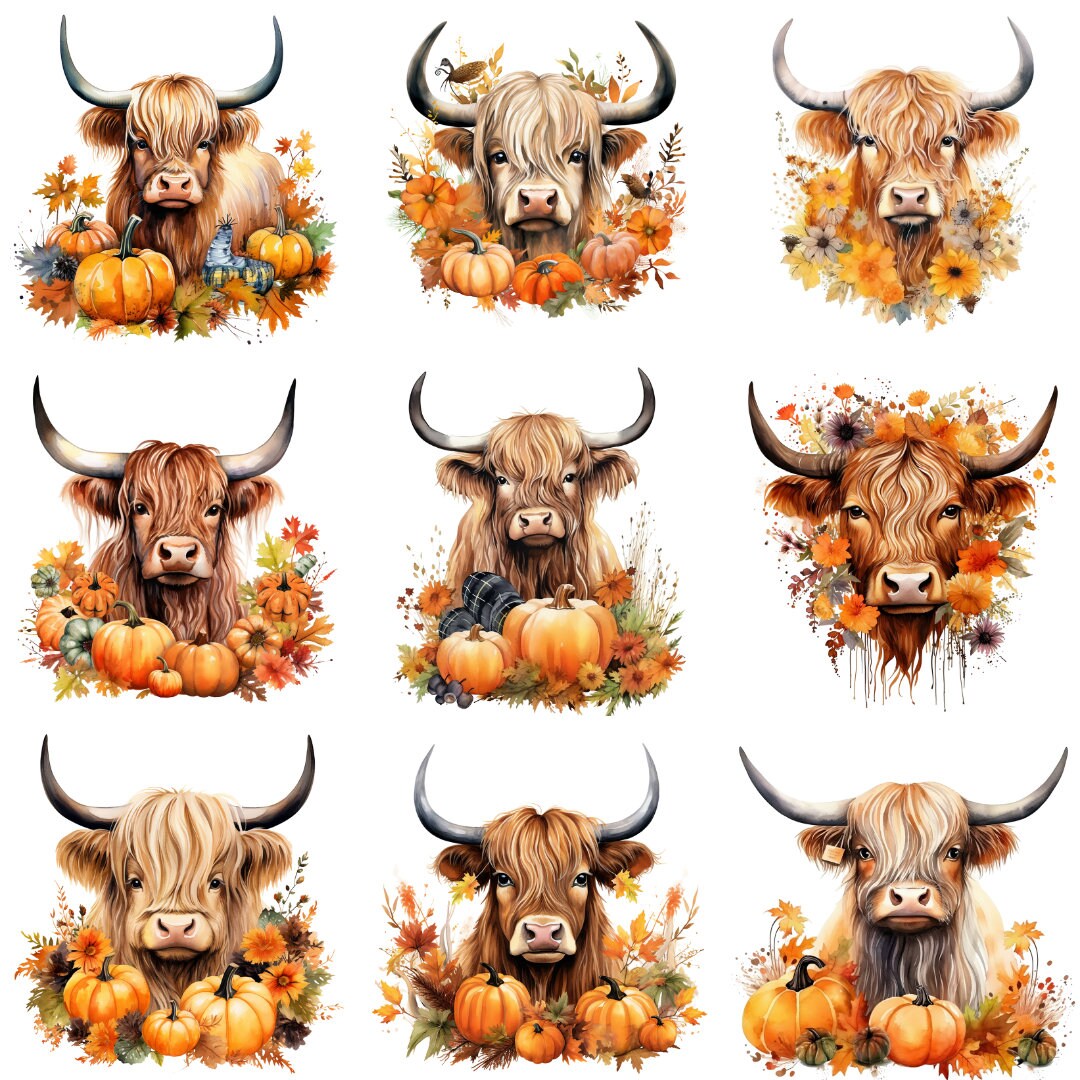 Watercolor Fall Highland Cow Clipart, High Quality Png, Floral Autumn ...