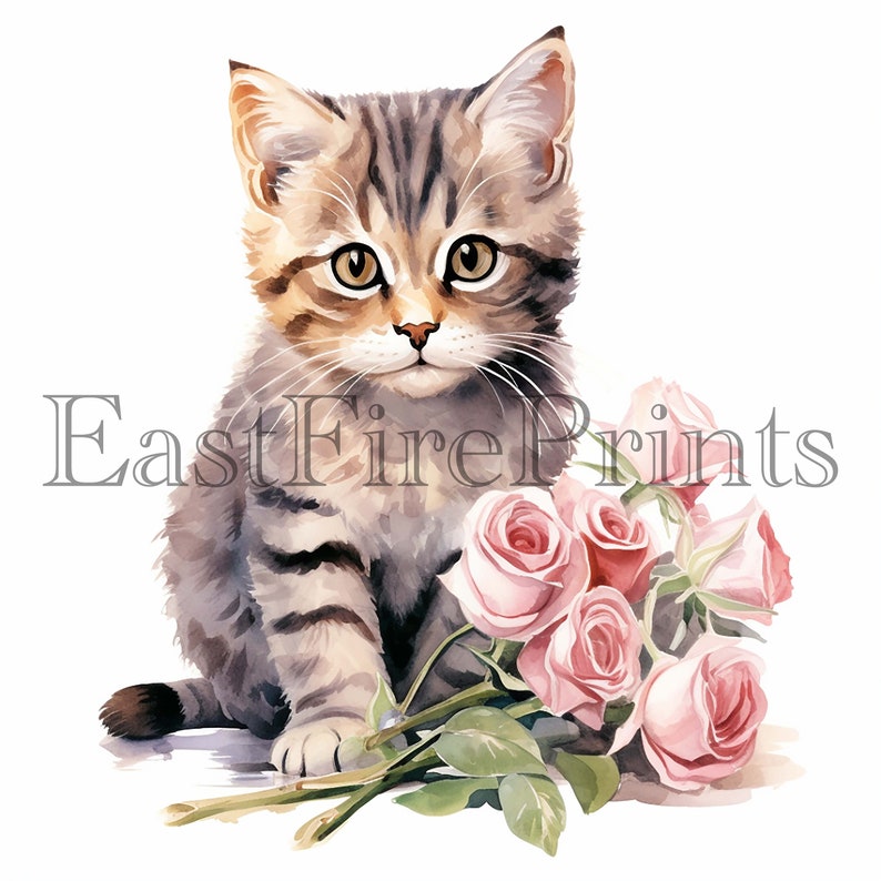 Watercolor Cat and Flower Clipart High Quality Png Cute - Etsy