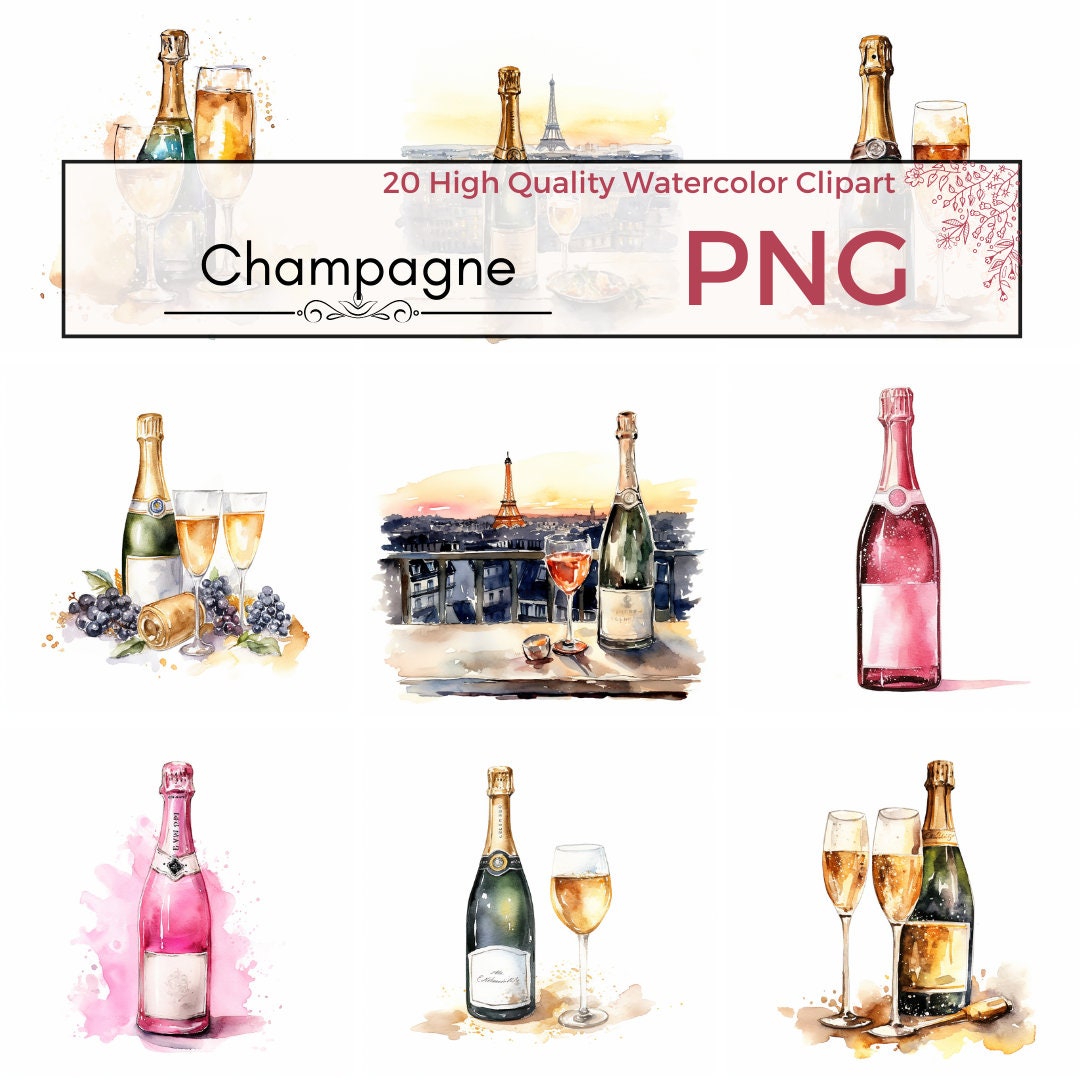 Set of 20 Watercolor Champagne Clipart | 20 Celebration Illustrations ...