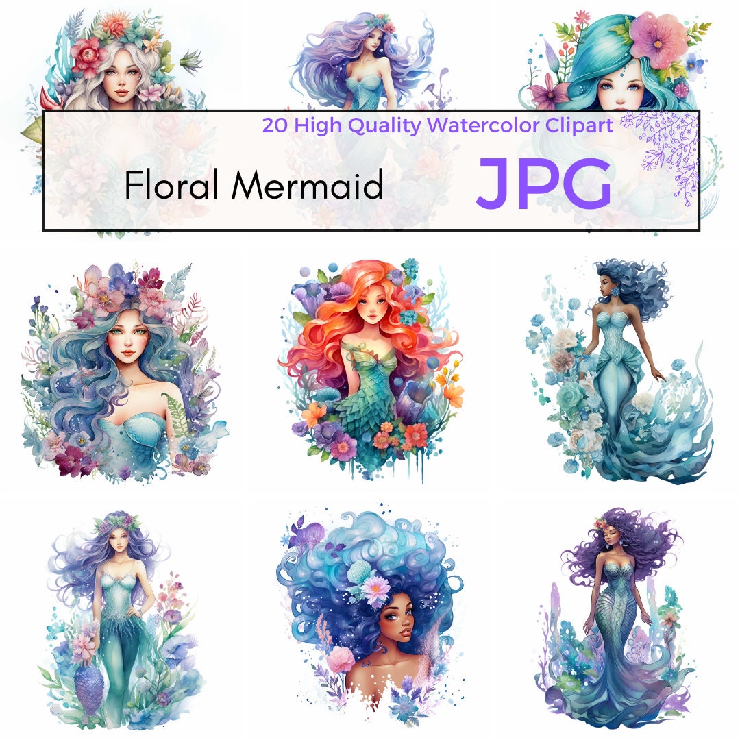 Watercolor Floral Mermaid Clipart, High Quality JPG, Cute Mermaid ...
