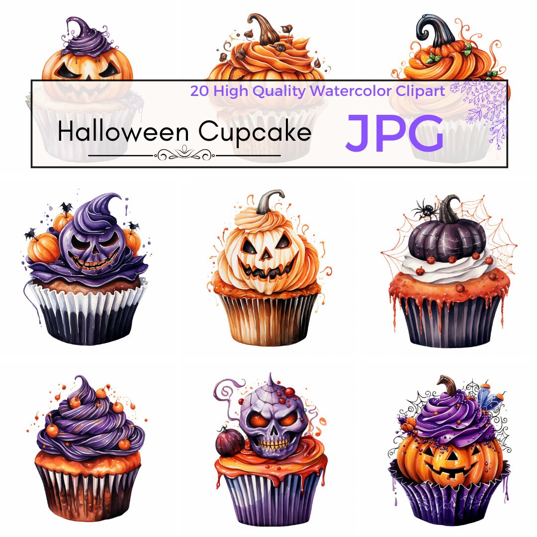 Watercolor Halloween Cupcake Clipart, Halloween Cute Clipart Spooky Jpg ...