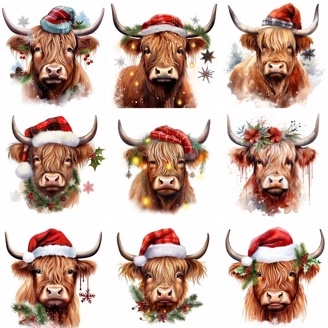 20 Christmas Highland Cow Watercolor Clipart, Farm, Holiday, Winter ...