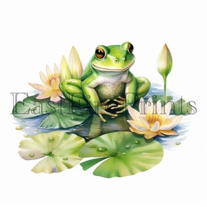20 Watercolor Green Frog Clipart PNG, Cute Frog Floral Lily Pad Clip ...