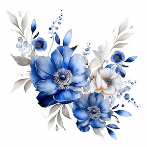 Watercolor Royal Blue and Silver Floral Clipart, Rustic, Wedding ...