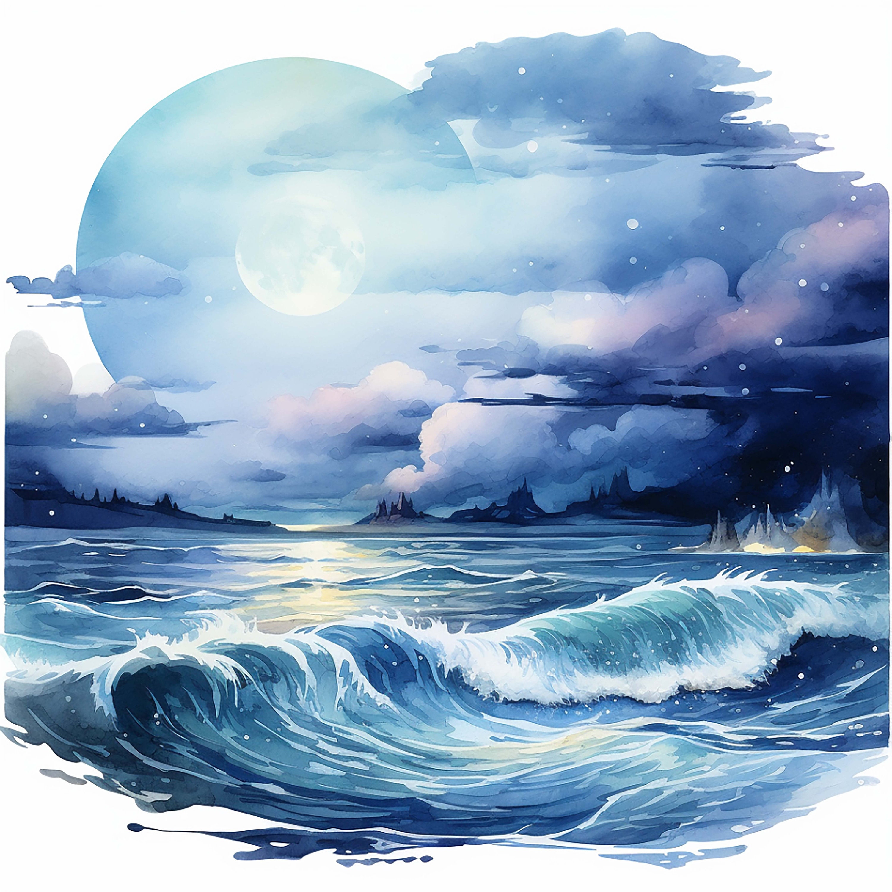 Watercolor Moonlit Seascape Clipart Moonlight Clipart Scenic - Etsy