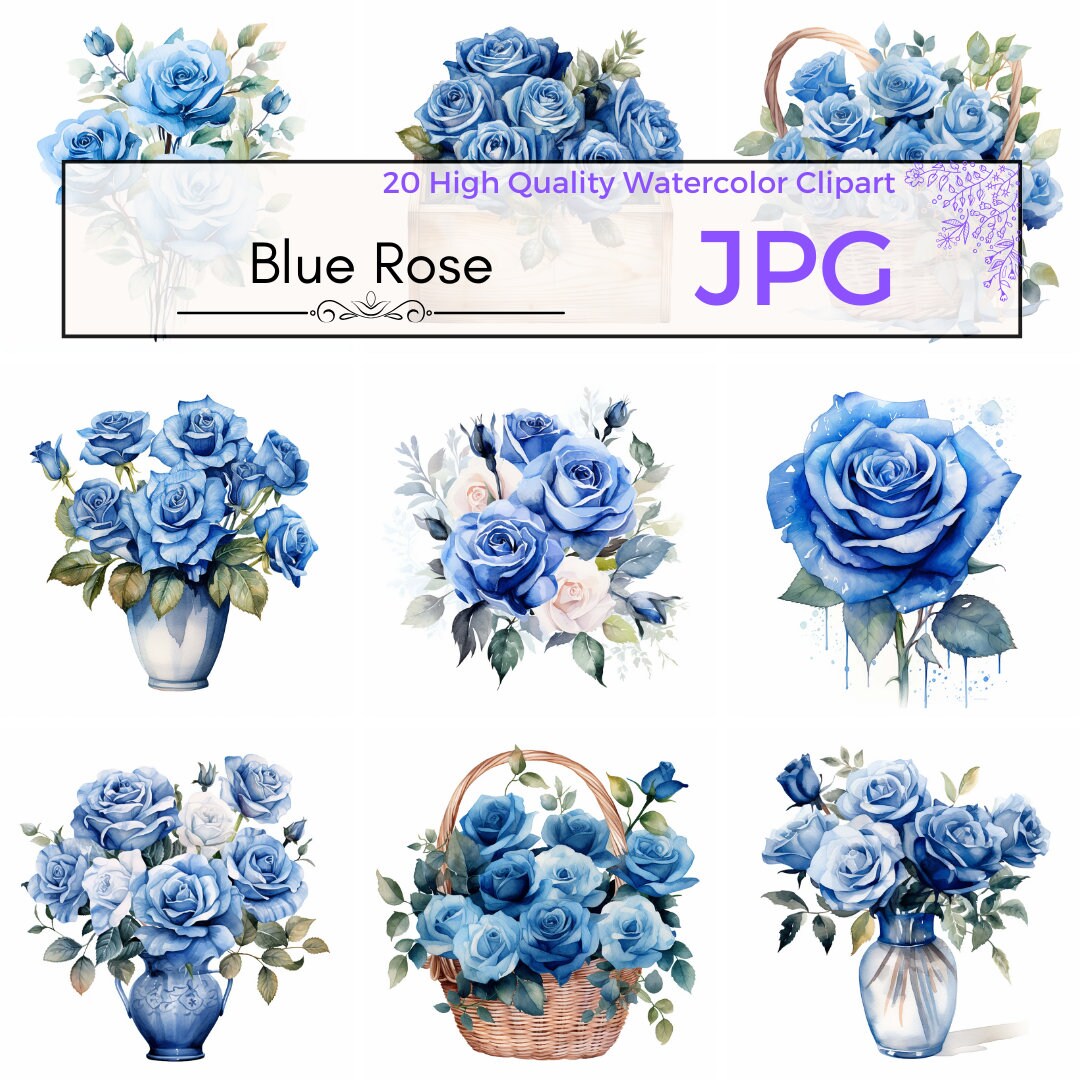 Watercolor Blue Rose Clipart, Rose Sublimation Floral Clipart Flower ...