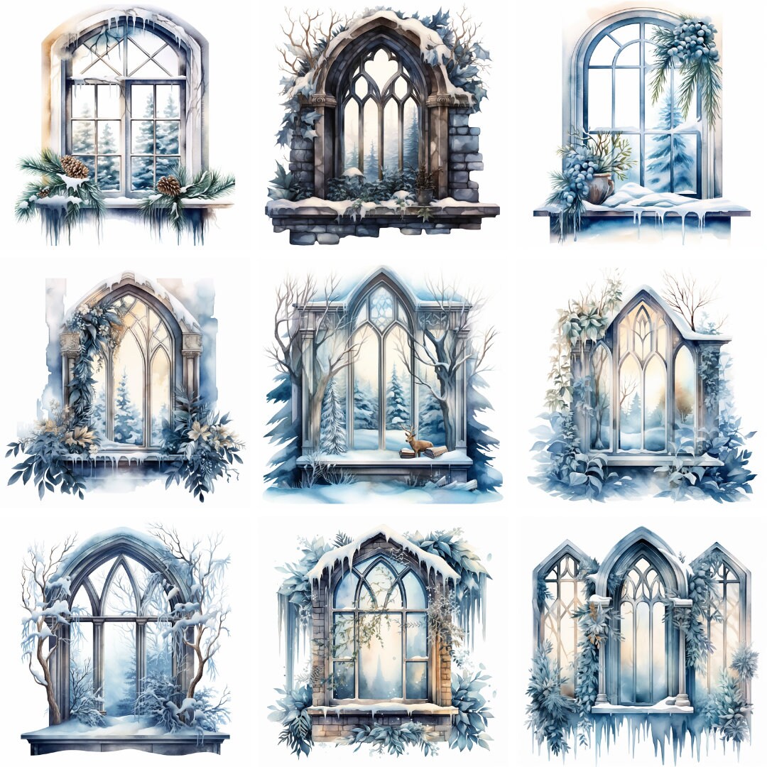 Watercolor Winter Window Clipart PNG Files, Snow Clip Art, Christmas ...
