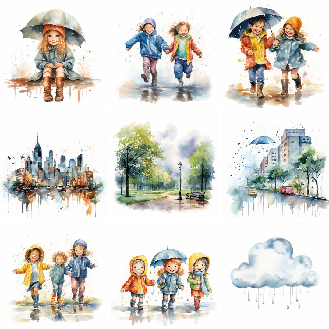 Watercolor Rain Clipart Rain Graphics Children Clipart - Etsy