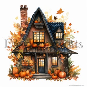 20 Fall House Watercolor Clipart, High Quality Png, Autumn Cottage ...