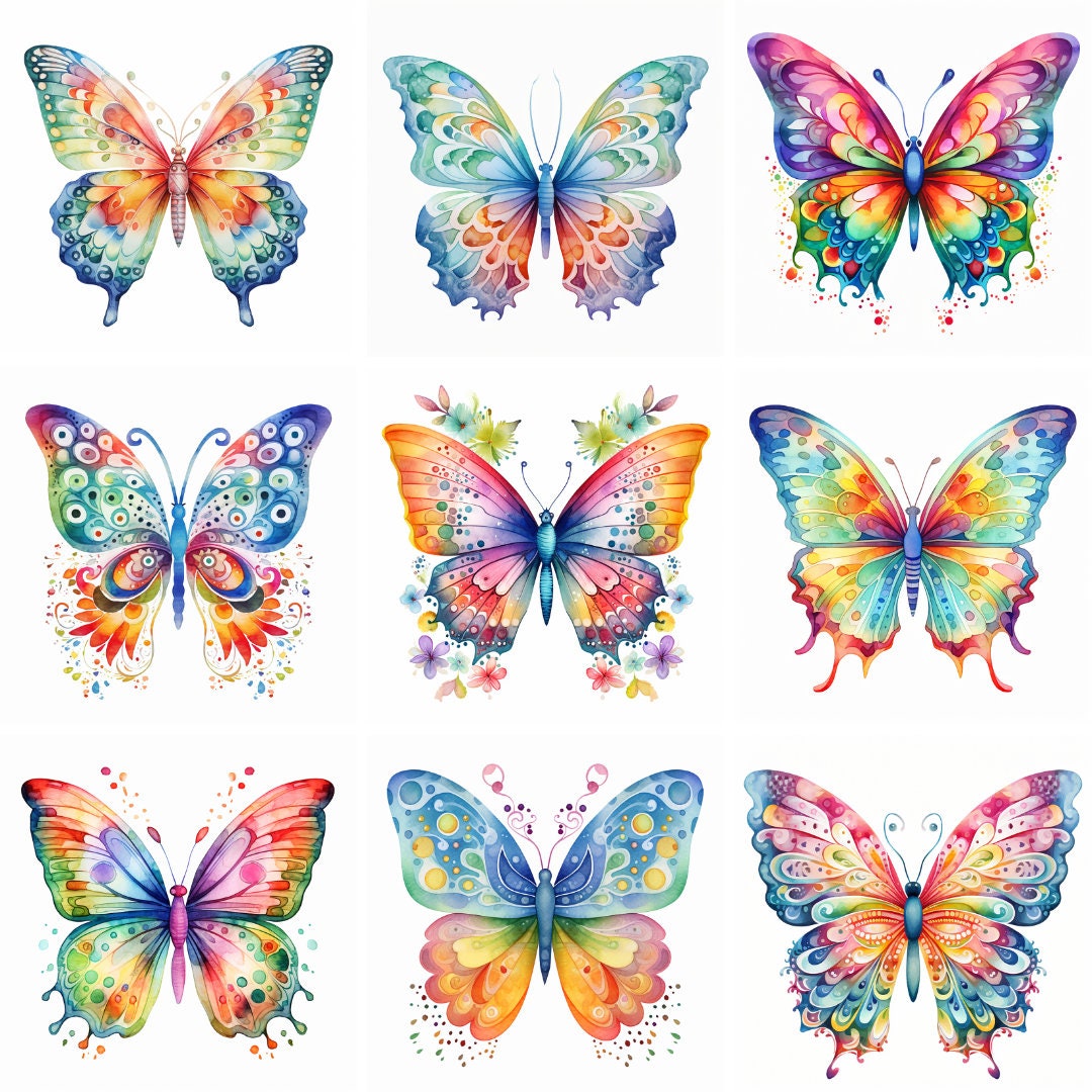 20 Retro Butterfly Watercolor Clipart, Hippie Png, Retro Clip Art ...