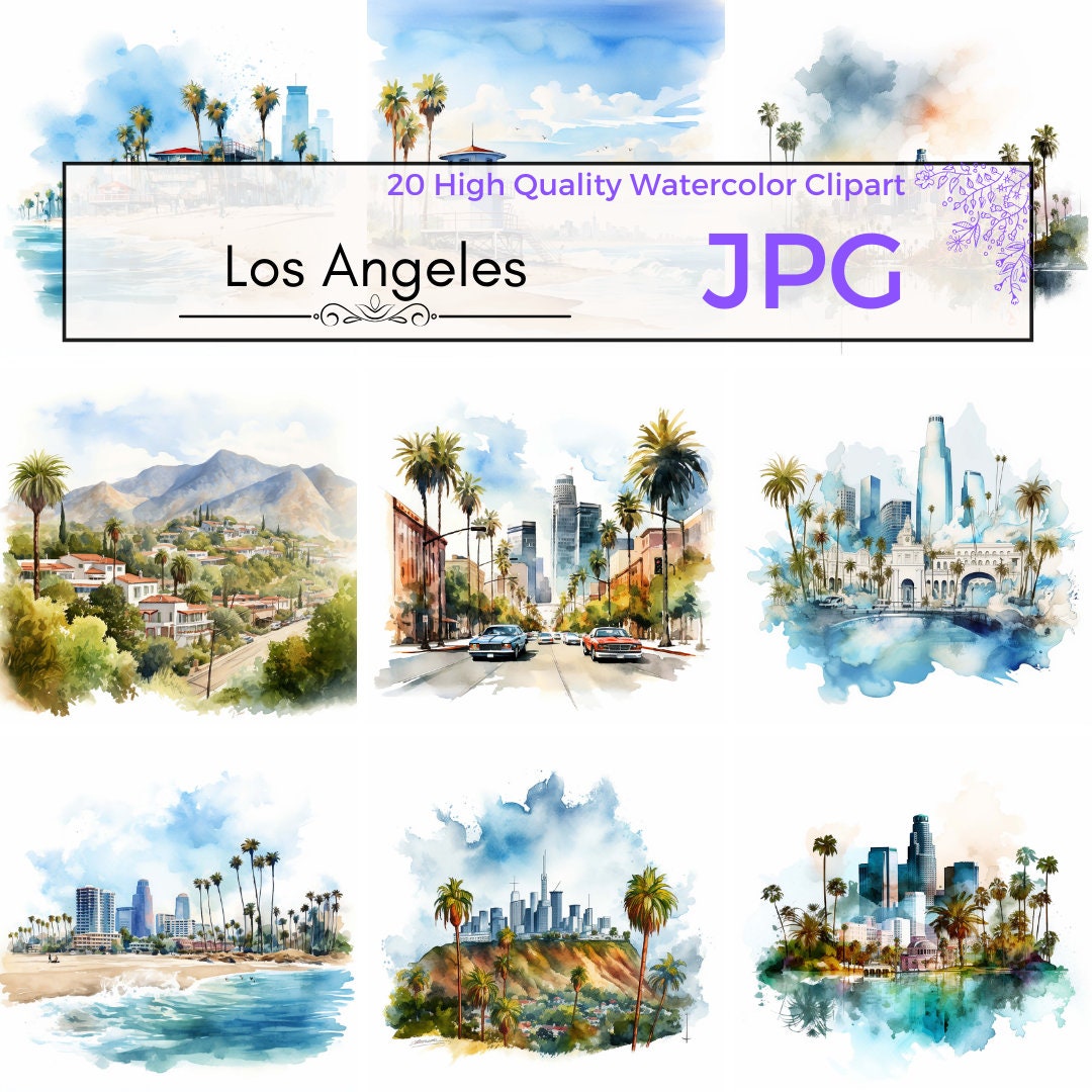 Watercolor Los Angeles California Clipart, City Clipart Jpg LA Clipart ...
