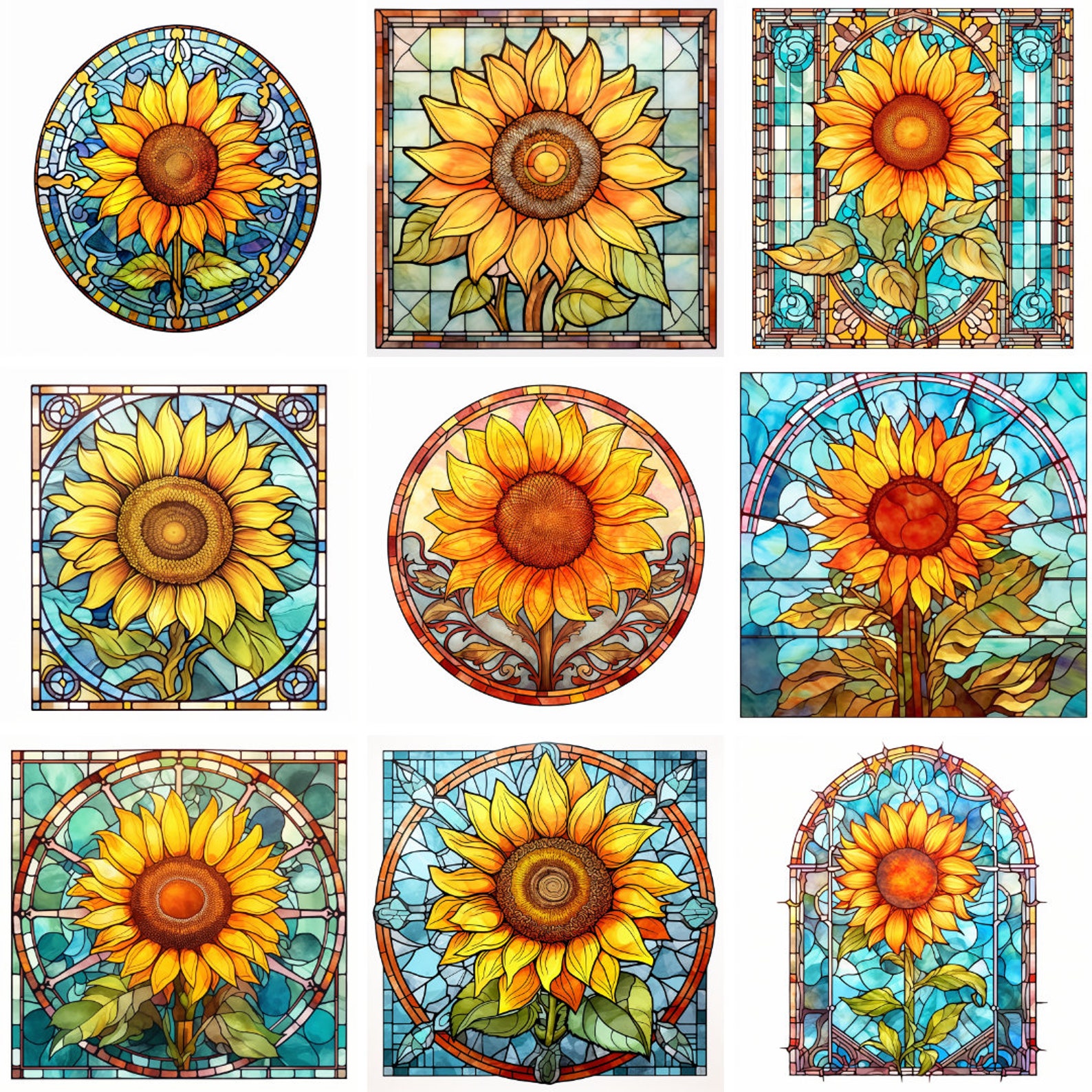 20 Watercolor Stained Glass Sunflowers Clipart PNG Fantasy - Etsy