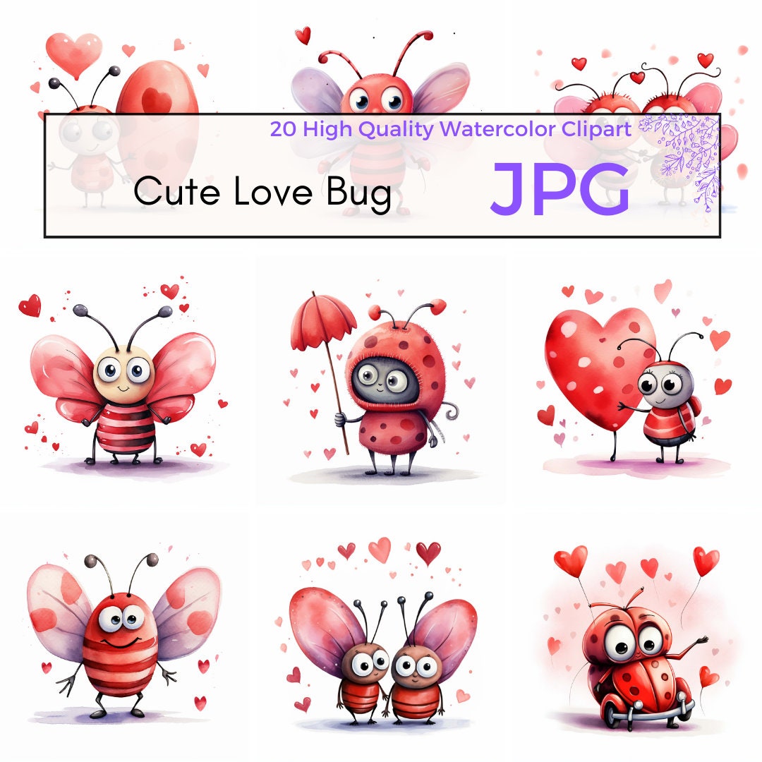 Watercolor Cute Love Bug Clipart, High Quality JPG, Valentines Day ...