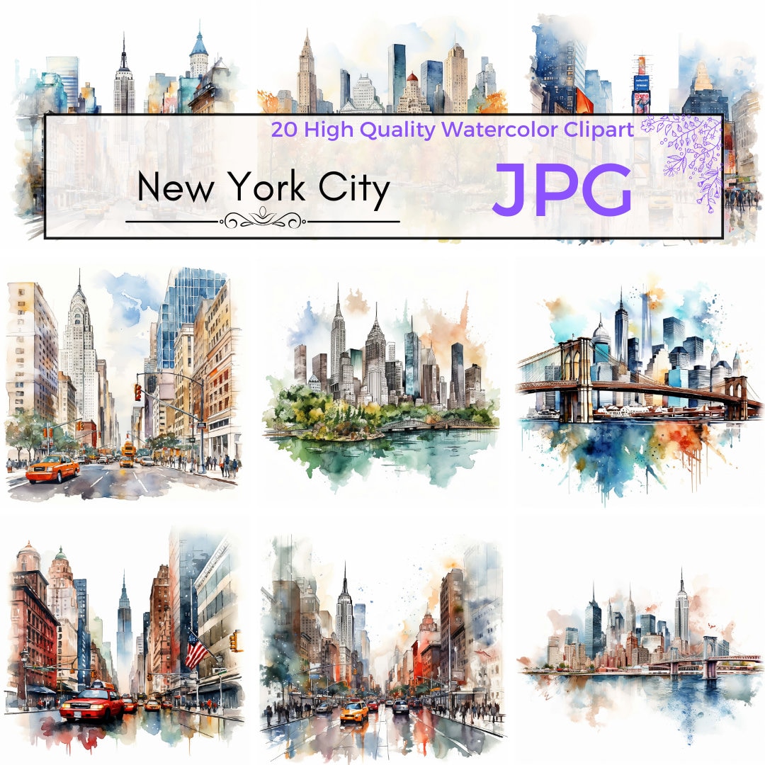 Watercolor New York City Clipart, New York Clipart City Sublimation ...
