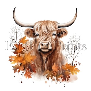 Watercolor Fall Highland Cow Clipart, High Quality Png, Floral Autumn ...