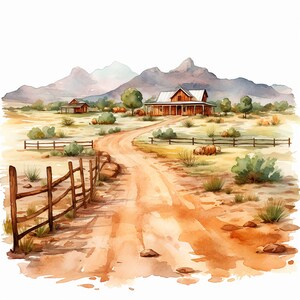 Watercolor Ranch Landscape Clipart, High Quality JPG, Ranch Wall Art ...