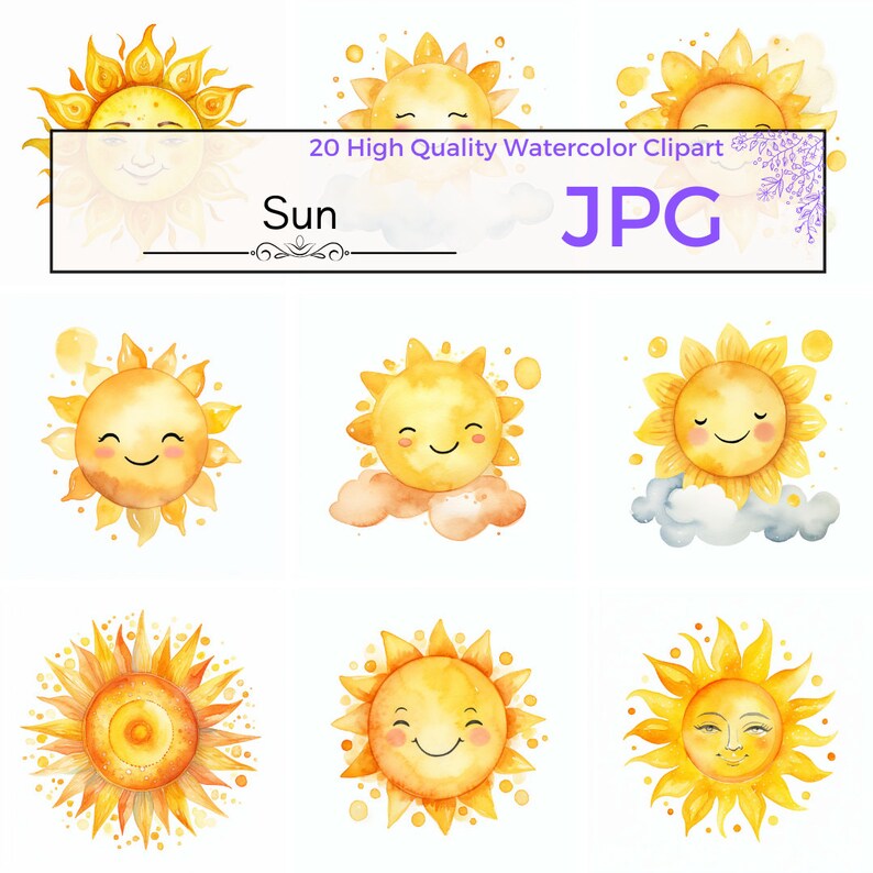 Watercolor Sun Clipart Cute Clipart Nursery Graphics Sun - Etsy