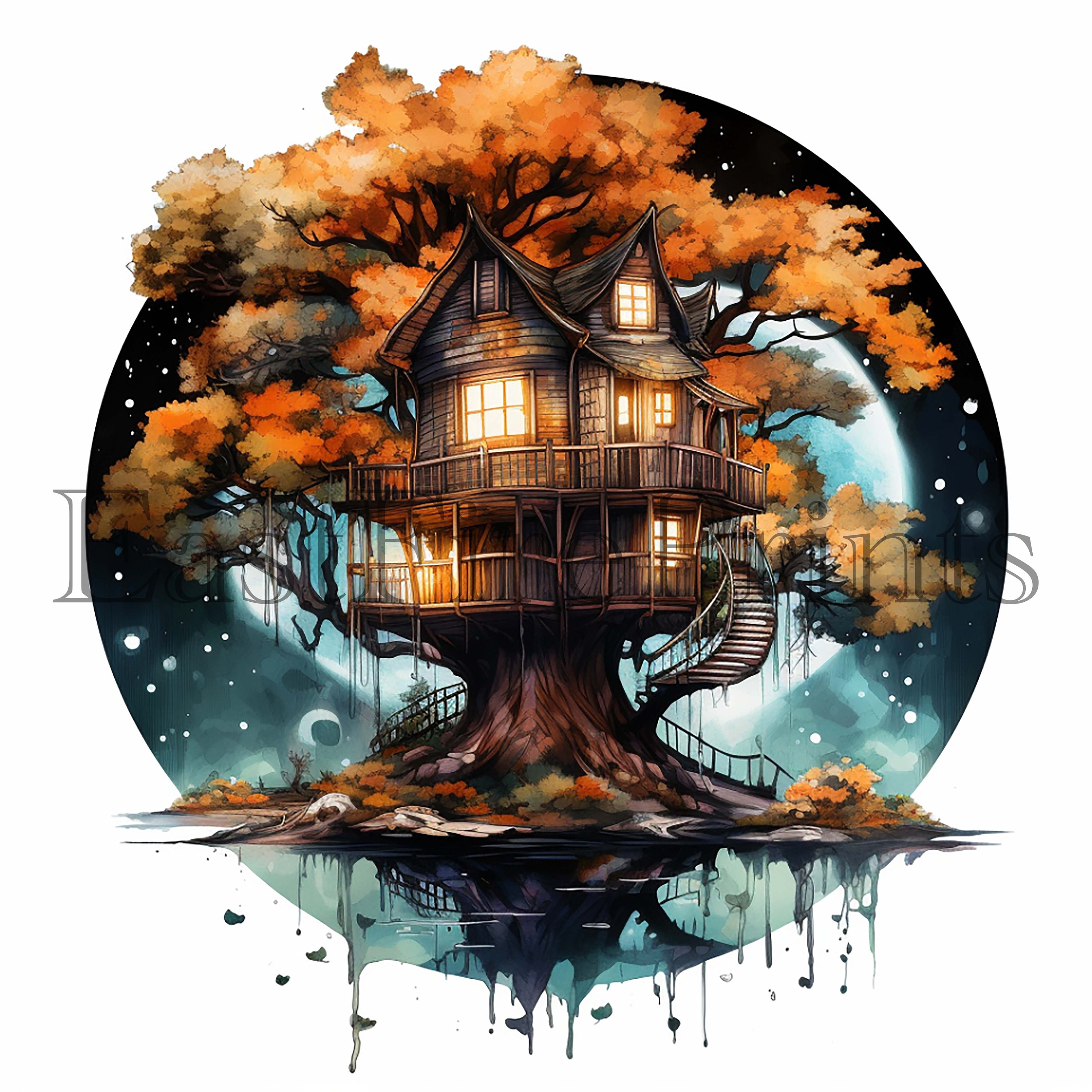 Watercolor Fall Tree House Clipart Forest Clipart Autumn - Etsy
