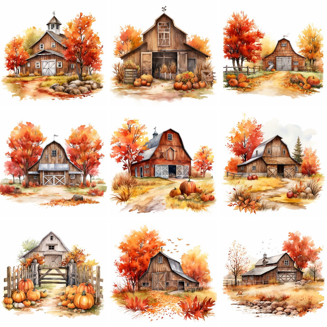 Watercolor Autumn Barn Clipart, High Quality Png, Fall Halloween Cute ...