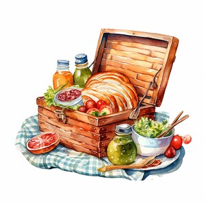 Watercolor Picnic Clipart, Picnic Illustrations Food Clipart Summer ...