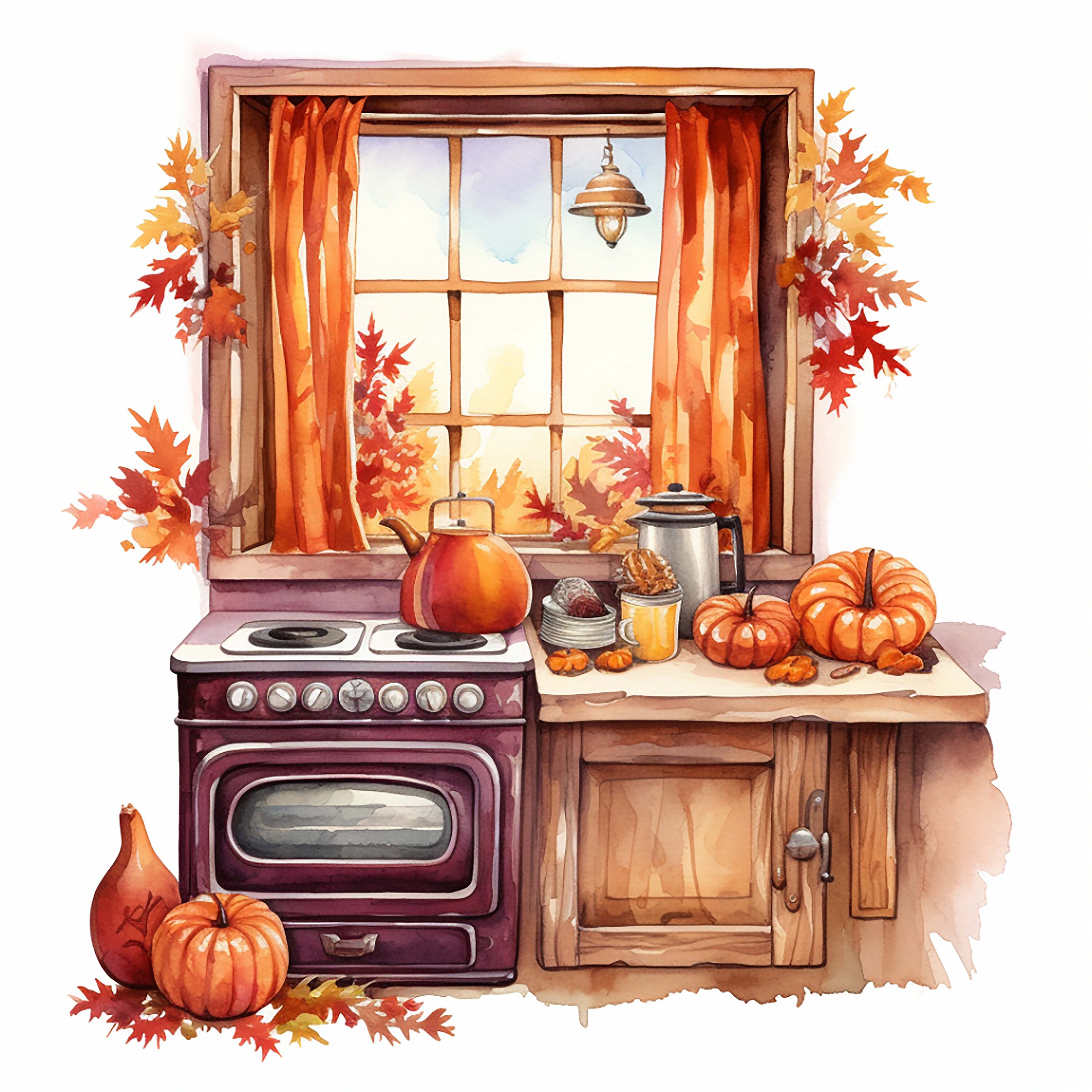 Watercolor Fall Kitchen Clipart Autumn Printables Fall - Etsy