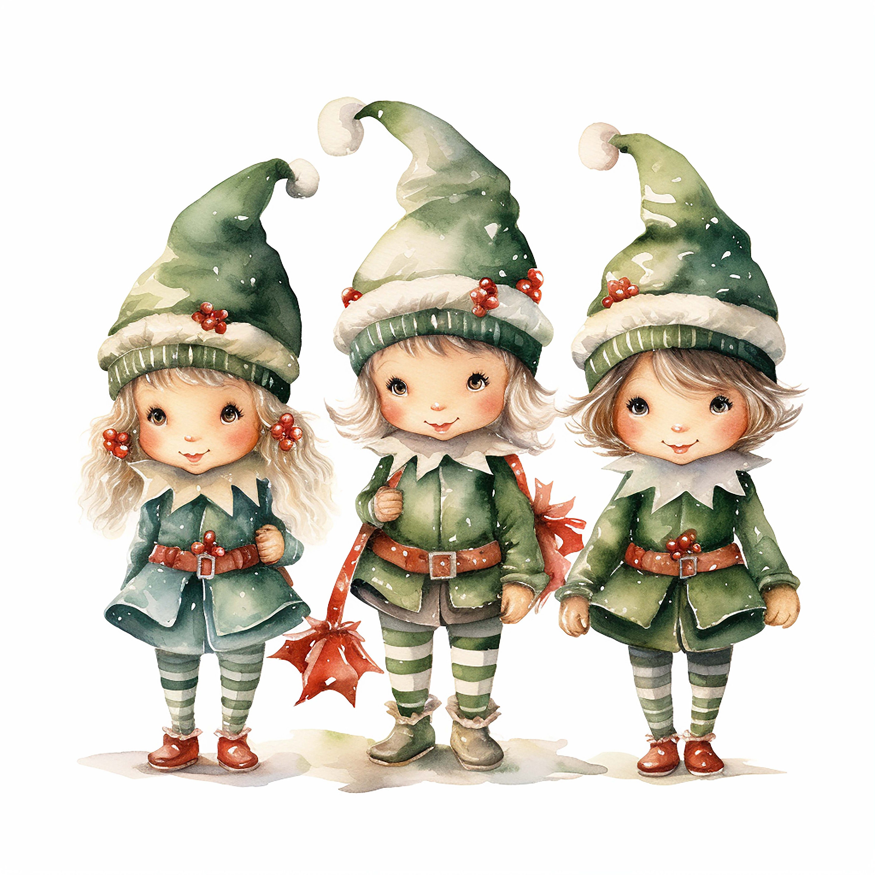 Watercolor Vintage Christmas Elves Clipart Retro Elf - Etsy