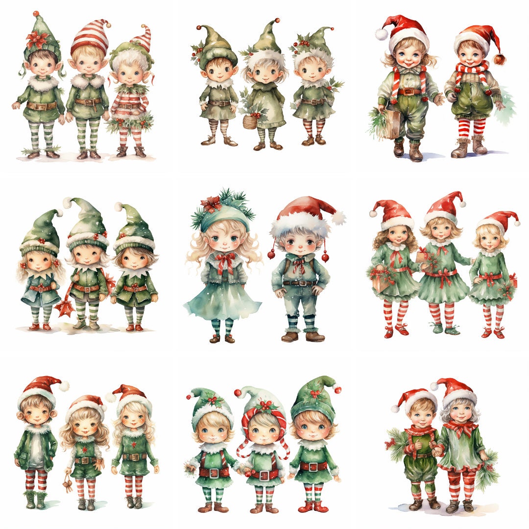 Watercolor Vintage Christmas Elves Clipart Retro Elf - Etsy