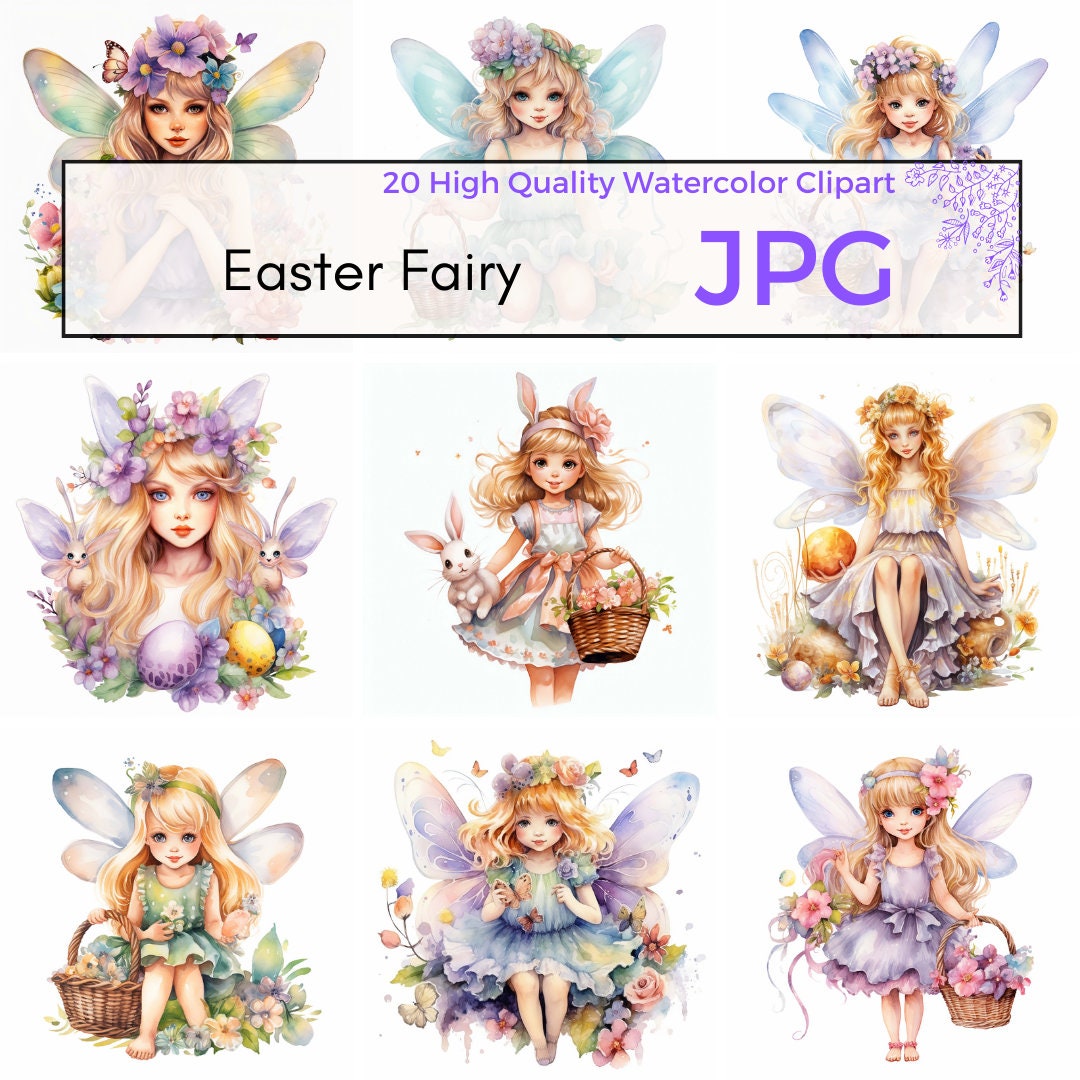 Watercolor Easter Fairy Clipart, High Quality JPG, Easter Clipart, Cute ...