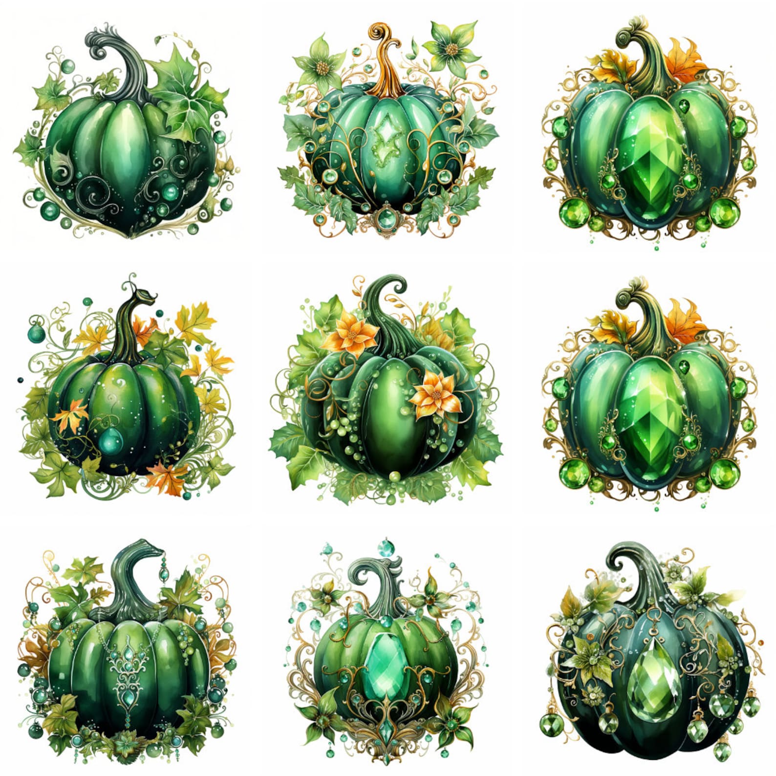 Gem Green Pumpkin Clipart Bundle Watercolor Clipart - Etsy
